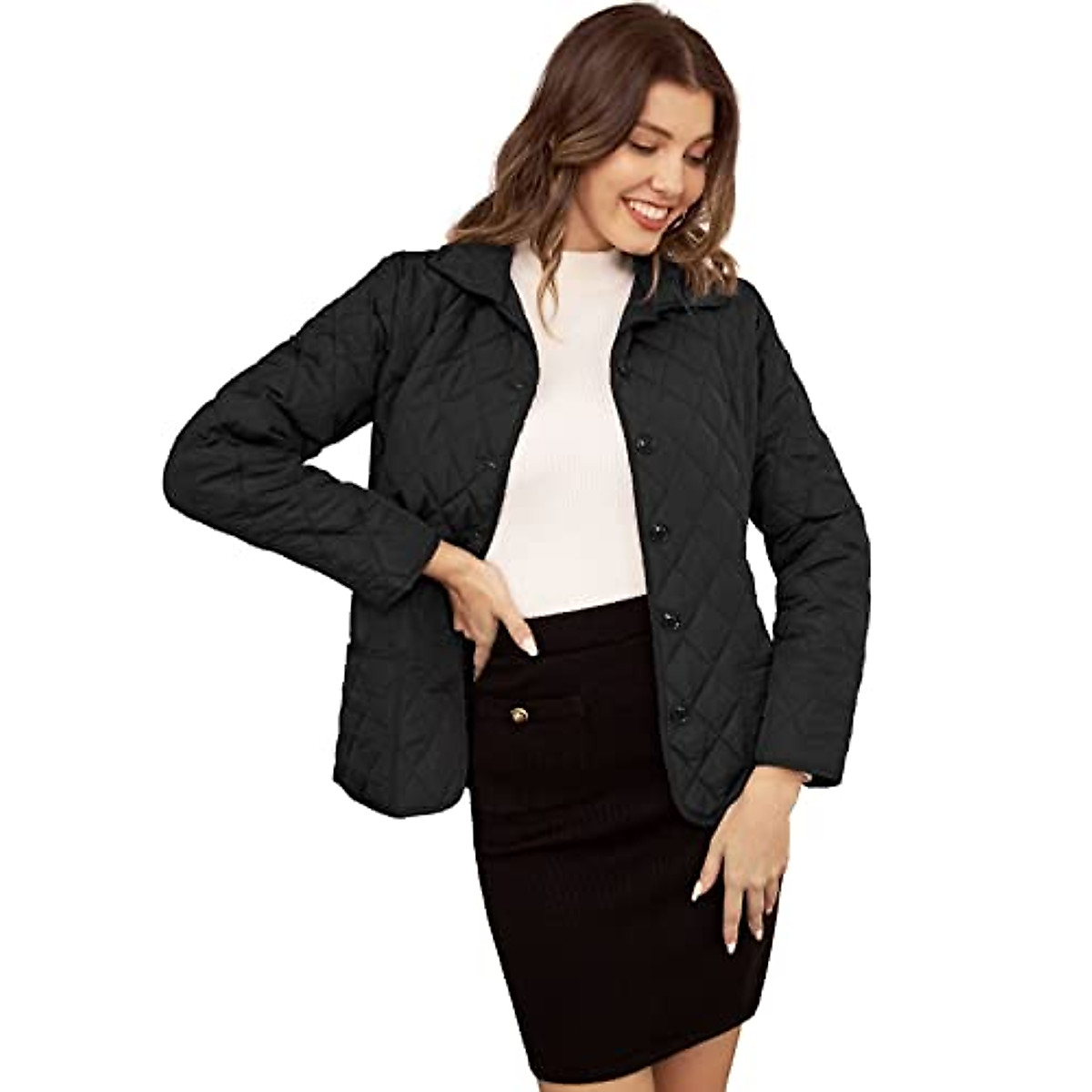 GRACE KARIN Women Lightweight Jacket Casual Winter Quilted Coat Lapel Button Down Long Sleeve Outwear with Pockets Black L