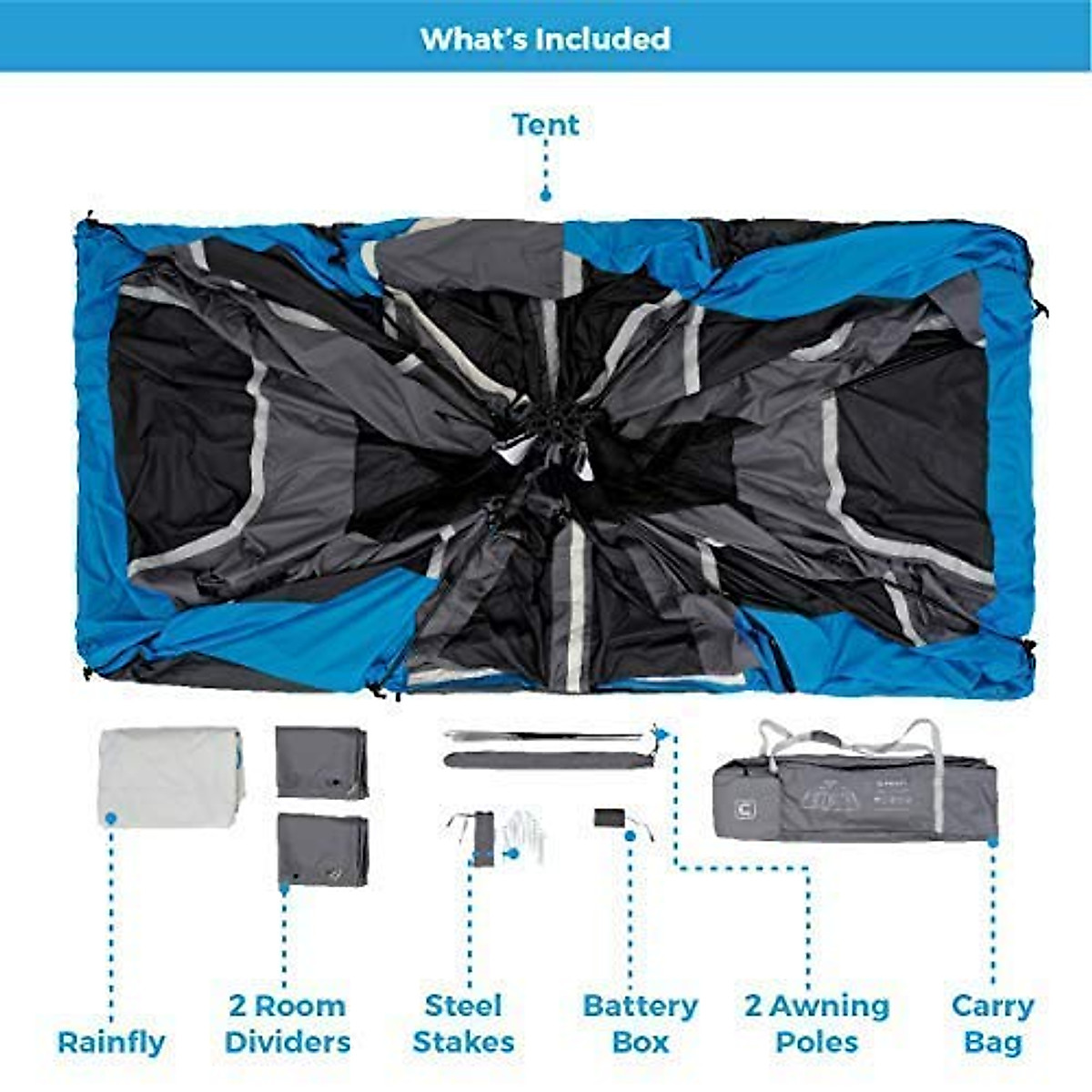 CORE 12 Person Instant Cabin Tent with LED Lights | Large 3 Room Family Lighted Pop Up Tent for 2 Minute Camp Setup | Included Storage Pockets for Camping Accessories