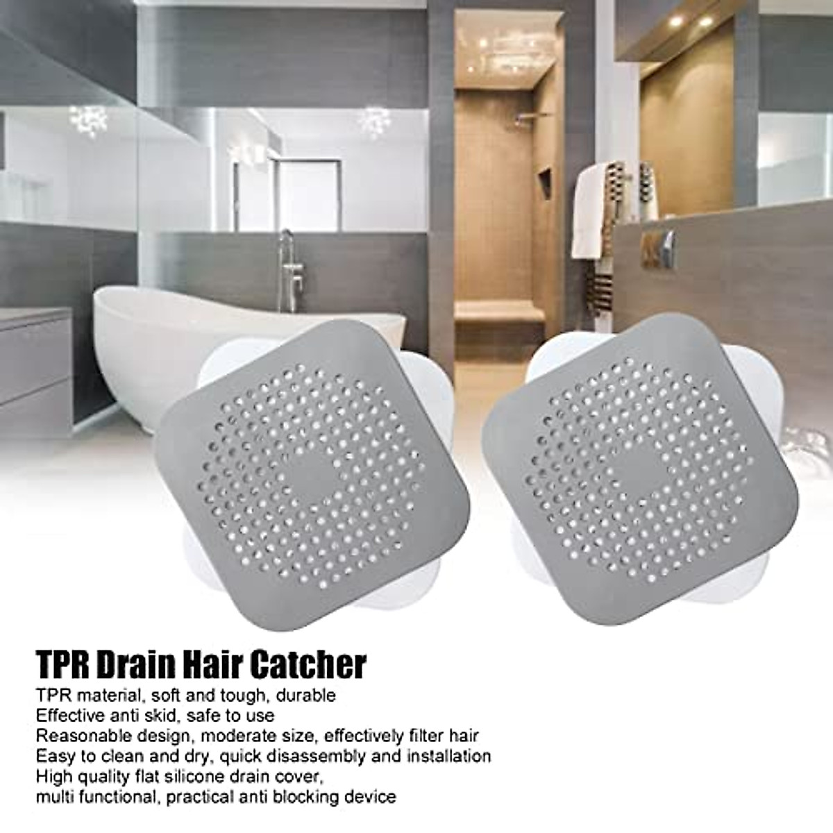 4 Pcs Drain Hair Catcher Square TPR Shower Hair Stopper with Suction Cup for Bathroom Bathtub Kitchen Gray White