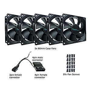 Apevia AF58S-BK 80mm 4pin Molex + 3pin Motherboard Silent Black Case Fan - Connect to Power Supply or Motherboard (5-pk)