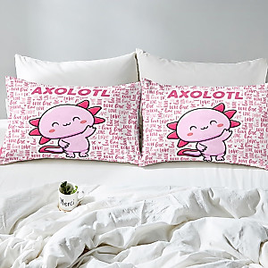 Cartoon Axolotl Kids Duvet Cover Set Twin Size,Cute Salamander Ocean Animals Bedding Set,Girls Boys Adults Room Decor,Axolotl Lovers Kawaii Comforter Cover,Pink Romantic Quilt Cover,1 Pillowcase