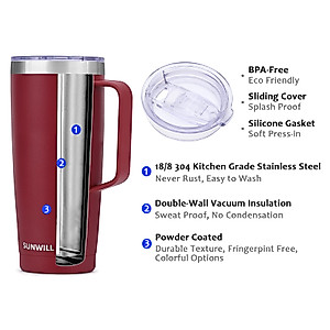 SUNWILL Insulated Coffee Tumbler with Lid, Travel Coffee Mug with Handle 24oz, Double Wall Stainless Steel Tumbler, Thermal Reusable Cup Outdoor, Powder Coated Wine
