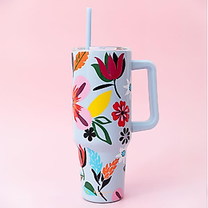 kate spade new york 40 Ounce Tumbler with Handle and Straw, Double Wall Stainless Steel Insulated Cup, Cupholder Friendly 40 oz Cup, Metal Drinking Cup for Hot or Cold Drinks (Safari Floral)