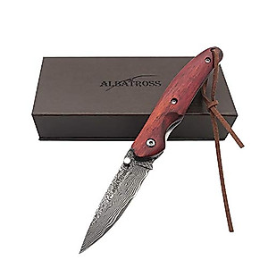 ALBATROSS HGDK004 Awesome EDC Damascus Pocket Folding Knife lanyard, Rosewood Handle, Gifts/Collections