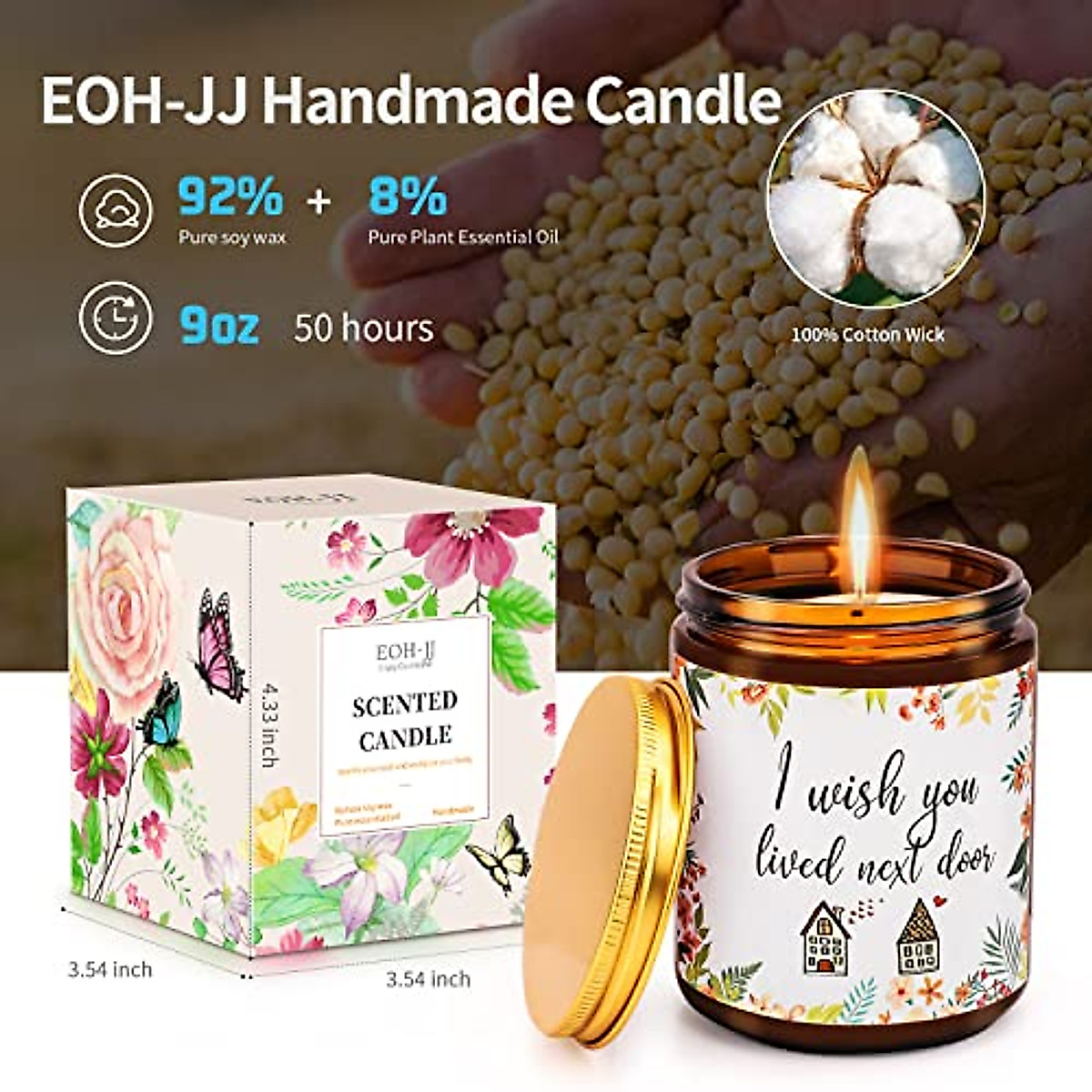 Candles Gifts for Women - I Wish You Lived Next Door - Best Friend, Friendship Gifts for Women, Sister, Birthday Gifts for Friends Mom Wife, English Pear & Freesia Scented Candles 9oz.