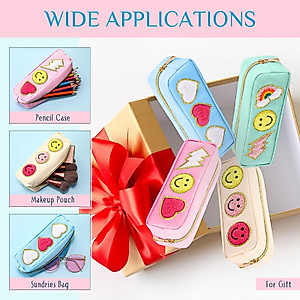 Sweetude 4 Pcs Preppy Patch Pencil Case Chenille Pen Bag Nylon Pencil Marker Pouch Brush Makeup Bag for Men Women College Travel Office Gifts Purse Organizer Holder Box