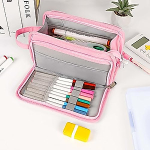 Sooez Large Pencil Case, Big Capacity Pencil Pouch Pen Bag with 3 Compartment, Portable Canvas Stationery Organizer with Zipper, Cute Aesthetic School Supplies For Teen Girls Boy College, Pink