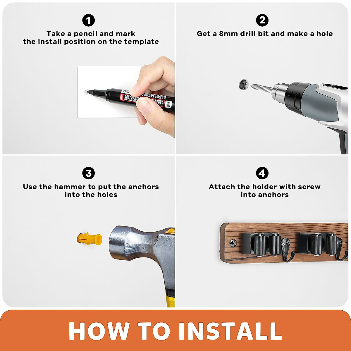 IMILLET Broom Holder Wall Mount, Wood Broom Holder with 5 Racks and 4 Hooks Broom Organizer, Laundry Room Organization and Storage, Mop Holder for Home Organization, Garden, Garage, Kitchen, Closet