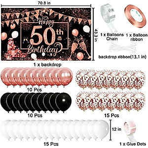 Rose Gold Black Happy 50th Birthday Extra Large Background Banner with 50pcs Metallic Shiny Latex Balloons for 50th Birthday Party Backdrop Decoration Supplies