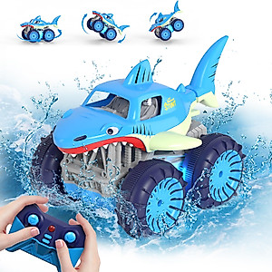 MaxTronic Amphibious Remote Control Car，Direct Charging Amphibious RC Cars with 2.4Ghz 4WD All Terrain Waterproof RC Shark Monster Truck Toys for Boys Girls 3-12 Years