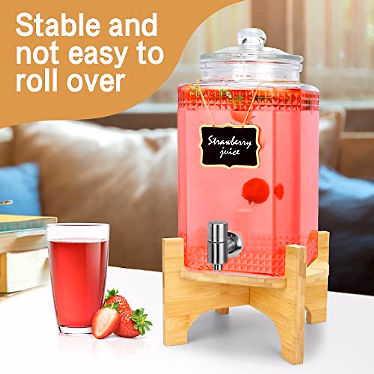 Drink Dispenser,Water Dispenser And Beverage Dispenser Stand(Natural Bamboo).Fit Max 8.66 Inch Glass Drink Dispenser,Water Jugs,Glass Water Pitcher.Ideal for Home, Parties, and Catering Events.