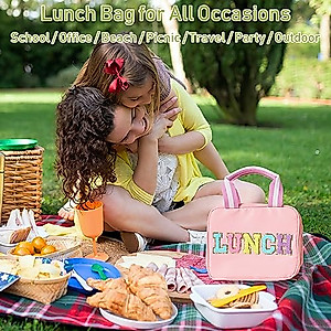 Janhavi Cute Insulated Lunch Bag for Women Personalized Preppy Kids Lunch Box for Girls Reusable Nylon Cooler Bag Lunch Tote Bag with Chenille Letter for School Beach Picnic Travel -LUNCH