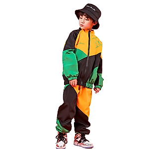 LOLANTA Kids Color Block Jacket Track Pants Sets Dance Outfits Sportswear Unisex (8-10 Green)