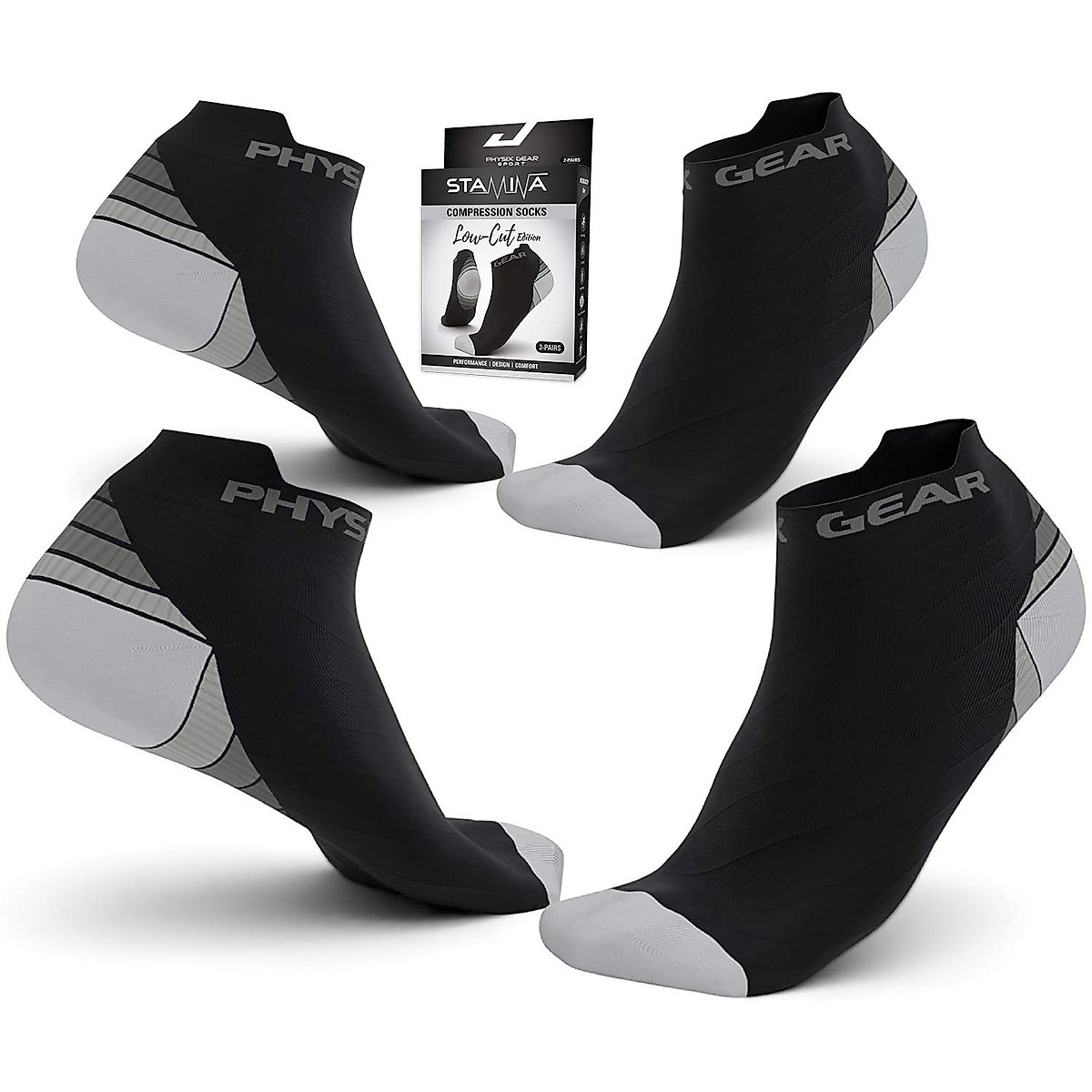 Physix Gear Sport Low Cut Socks Men & Women - Ankle Compression Running Socks (2Pair Blk-Gry L/XL)