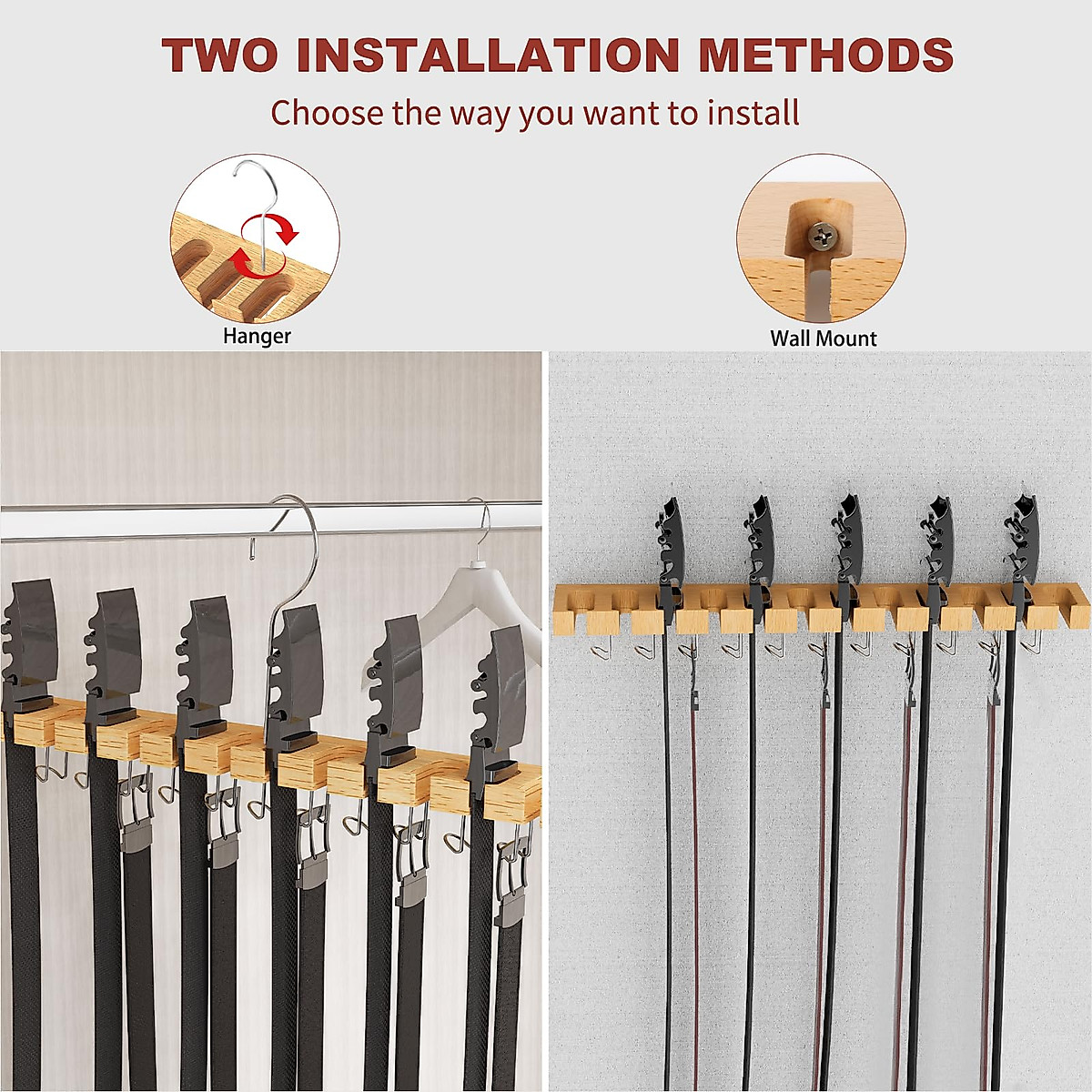 Cuipingoo Belt Hanger for Closet | 2-in-1 Wall Mount Belt Rack | 23 Slots Storage Max 42 Belts w/ 360° Hook | Ratchet Belt Organizer for Closet Accessories, Wardrobe, Door, Wood 1 Pack