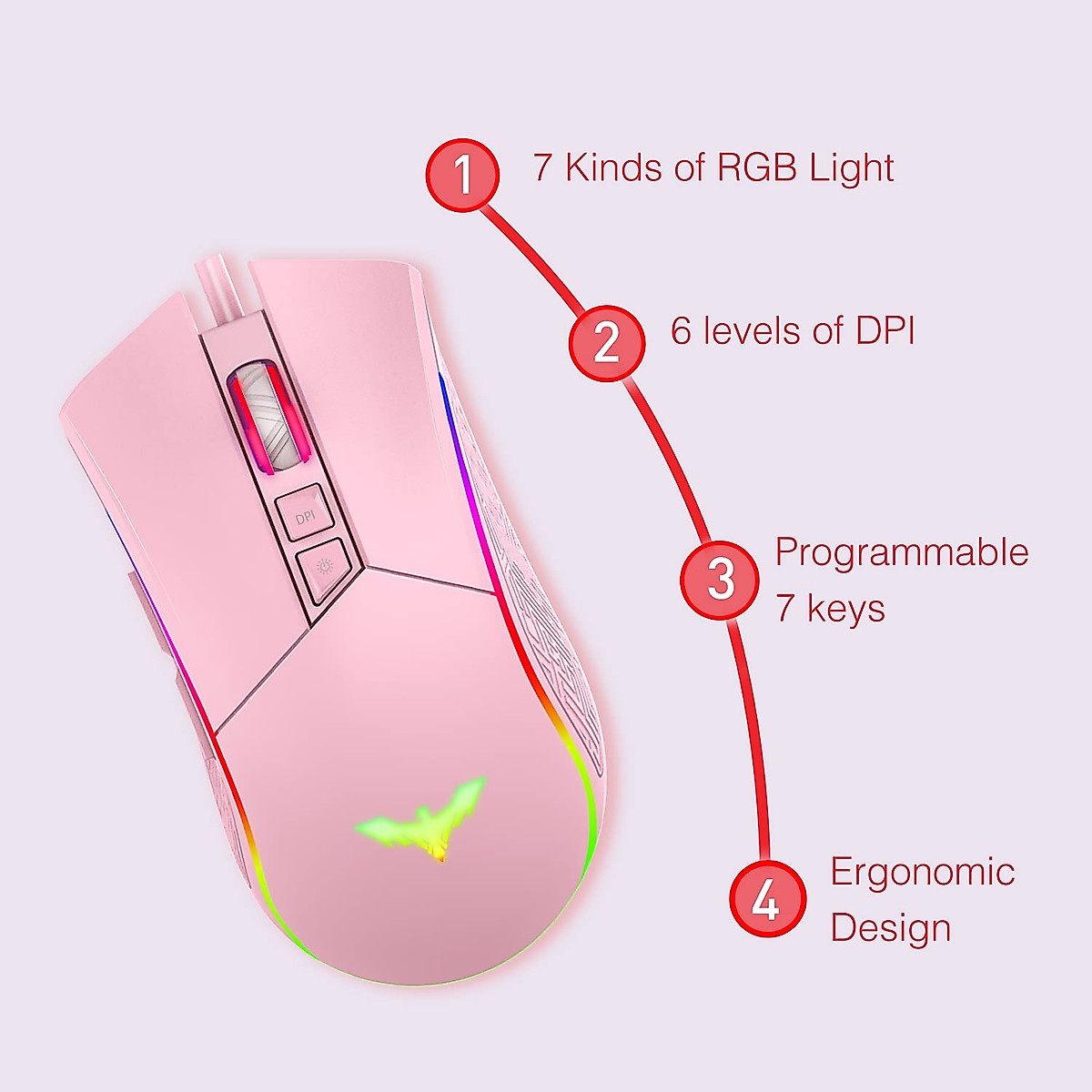 havit RGB Gaming Mouse Wired Programmable Ergonomic USB Mice 4800 Dots Per Inch 7 Buttons & 7 Color Backlit for Laptop PC Gamer Computer Desktop (Pink)