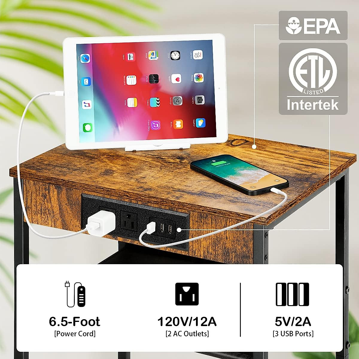 melos Nightstand with Charging Station, 3 Tier End Table with USB Ports & Power Outlets, Narrow Side Table for Small Spaces, Bedside Tables for Bedroom, Living Room, Rustic Brown