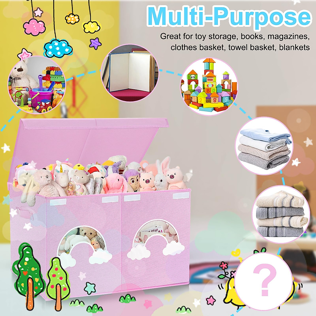 Large Toy Box Chest,Collapsible Sturdy Storage Bins with Lids,Large Kids Toy Storage Organizer Boxes Baskets for Kids,Boys,Girls,Toddler,Nursery Room,Playroom(Pink Cloud)