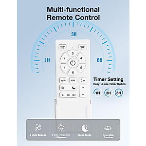 warmiplanet Ceiling Fans with Lights and Remote Control, 52 Inch, 6 Speeds Reversible DC Motor, 3 Color Dimmable Light, Timer, Noiseless, Black, 5 Blades