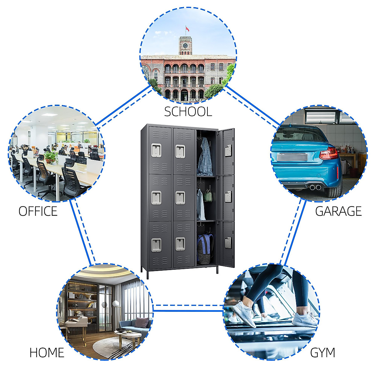 SUPEER 9 Doors Metal Storage Locker with 27 Hooks,Metal Lockers for Employees with Lock for School Office Gym Bedroom,Assembly Required,Dark Grey