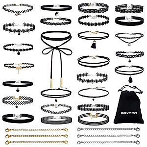 PAXCOO 32 PCS Choker Necklaces Set Including 26 Pcs Black Choker Necklaces and 6 Pcs Extender Chains for Women Ladies