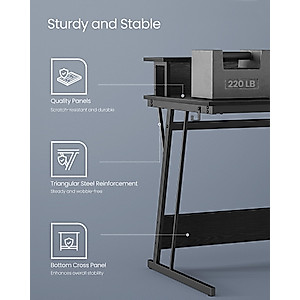 VASAGLE LED Gaming Desk with Power Outlets, Computer Desk with USB Ports, Office Desk with Monitor Stand for 2 Monitors, with Hooks, for Bedroom, 23.6 x 39.4 x 29.5 Inches Ebony Black ULWD091B56