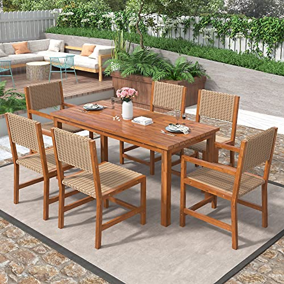 BIADNBZ 7 Pieces Outdoor Furnture Rattan Patio Dining Set with Acacia Wood Table Top and Chairs for 6 Person, for Garden Backyard Lawn, Natural
