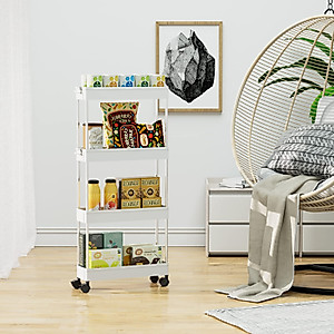 OTK Slim Storage Cart 4 Tier Mobile Shelving Unit Organizer, Utility Rolling Shelf Cart with Wheels for Bathroom Kitchen Bedroom Office Laundry Narrow Places，White