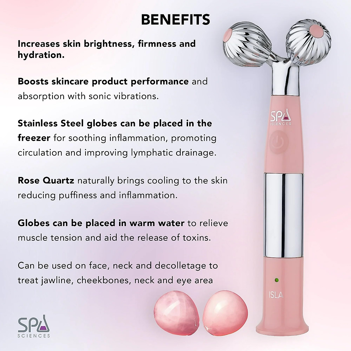 Spa Sciences ISLA Ice + Heat Contouring Roller (Face, Neck, and Décolletage) – Including Steel + Bonus Genuine Rose Quartz Globes
