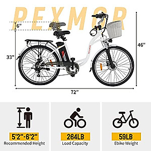 PEXMOR Electric Bike for Adults, 350W (Peak 500W) City Commuter Ebike w/36V 12.5AH Removable Battery, 26" Cruiser Electric Bicycle 6-Speed | Dual Shock Absorber, Complies to UL2849