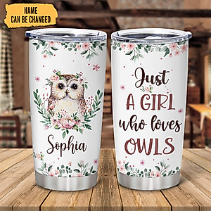 Hyturtle Personalized Owl Lovers Tumbler - Just A Girl Who Loves Owls Custom Name Stainless Steel Coffee Tumbler 20 oz With Lid - Idea Owl Lover Gifts For Women, Mom, Daughter For Birthday, Christmas