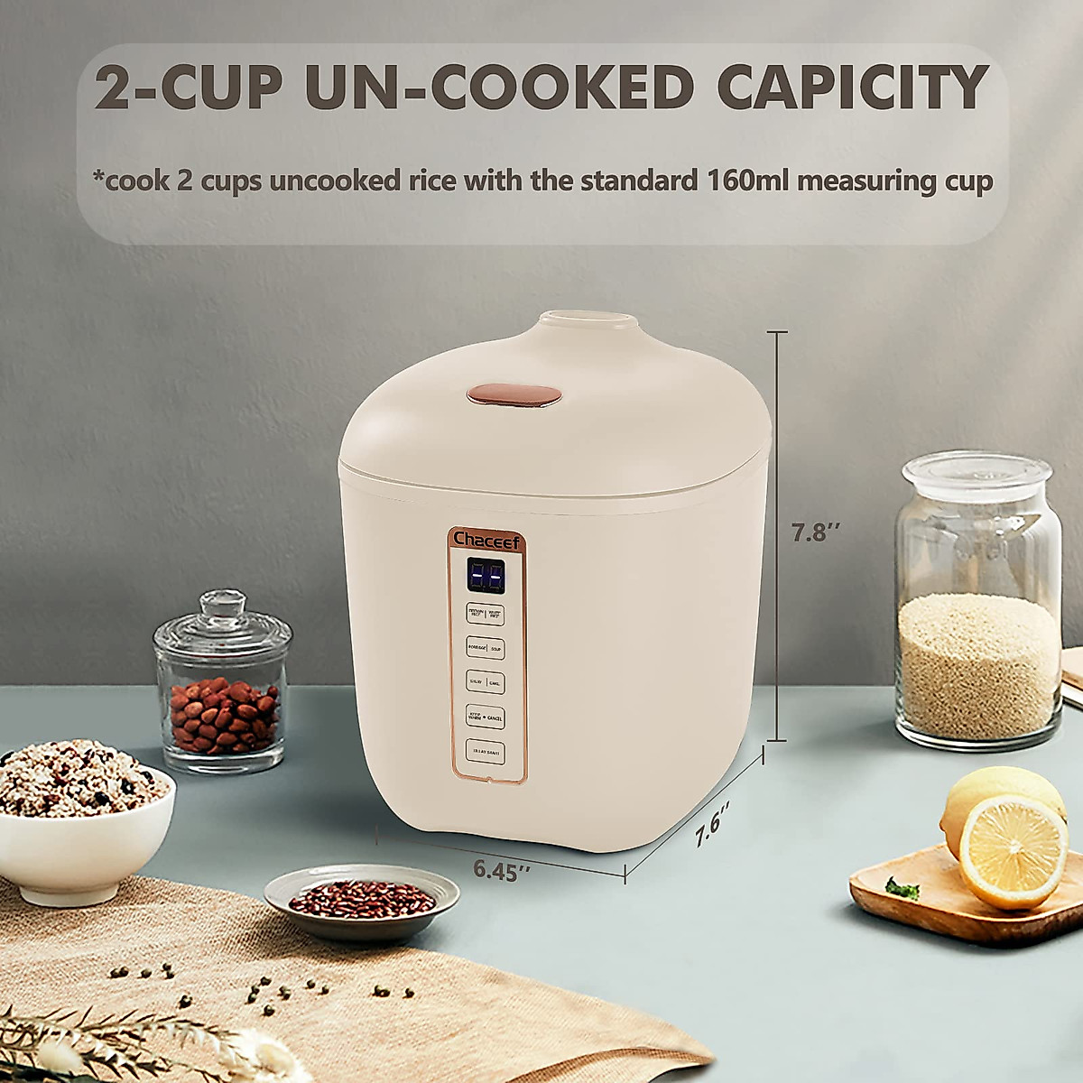 CHACEEF Mini Rice Cooker 2 Cups Uncooked, 1.2L Rice Cooker Small, Portable Non-Stick Small Travel Rice Maker, BPA Free, Smart Control Multifunction Cooker with 24 Hours Timer Delay & Keep Warm Function, Beige