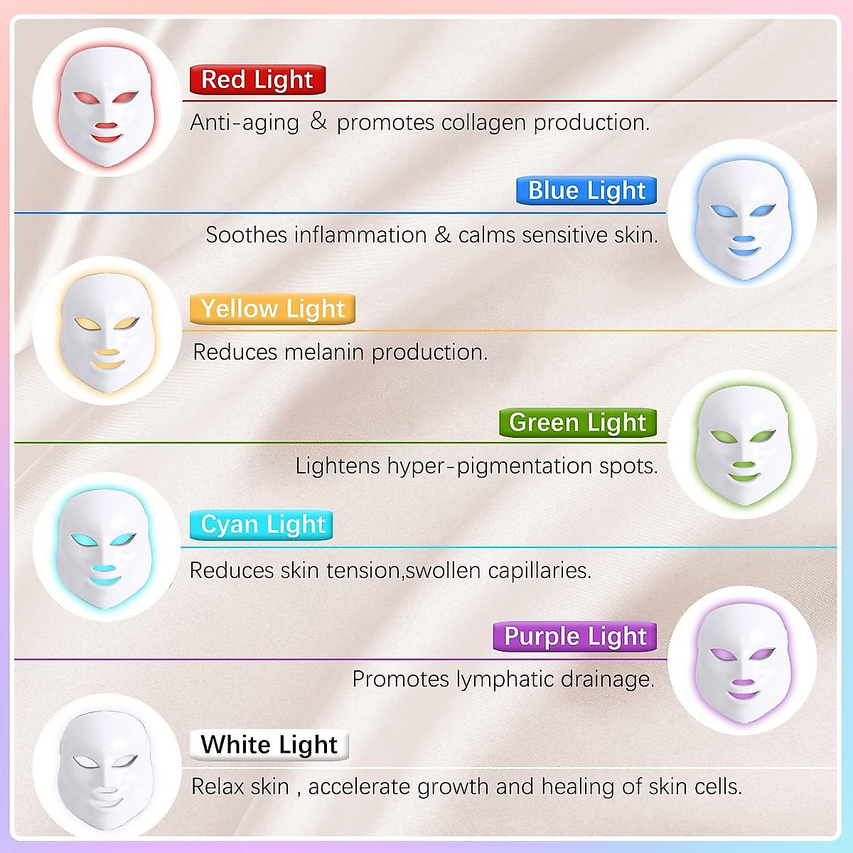 RtLvio Led Face Mask Light Therapy, 7 Colors LED Light Therapy Mask for Facial Skin Care, Colorful LED Beauty Mask, Led Mask Therapy Facial