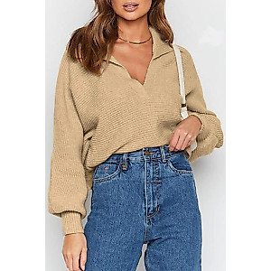 CHYRII Women Casual Overized Puff Long Sleeve V Neck Knitted Polo Pullover Sweater Jumper Tops Apricot S