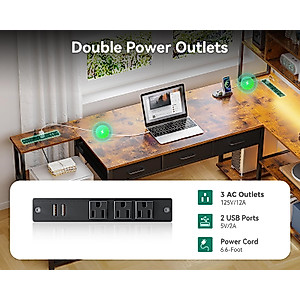 AODK 79 inch L Shaped Desk with File Drawers, Reversible L Shaped Gaming Desk with Power Outlets & LED Lights, Computer Desk with Storage Shelves for Home Office, Vintage
