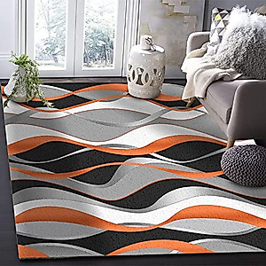 Abstract Orange Gray Modern Wavy Line Area Rug, Gradient Grey Geometry Black Stripes Home Decor Rug, Easy Clean Carpet for Living Room Bedroom Kitchen Dining Room Home Office Floor Rug 3ftx5ft