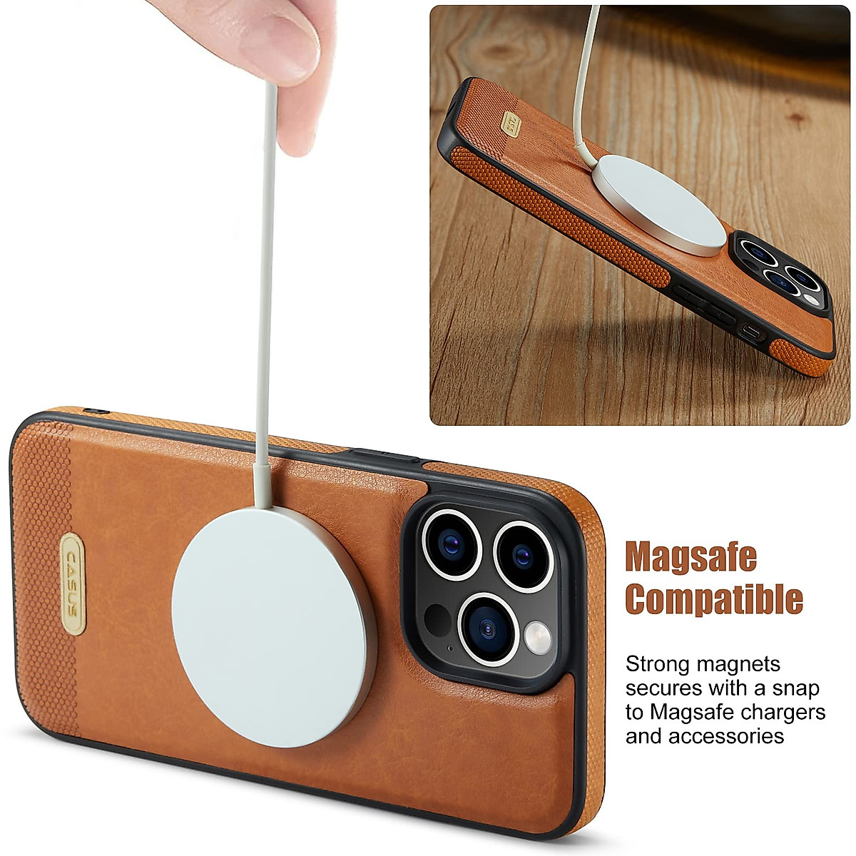 Casus Designed for iPhone 14 Pro Case Compatible with MagSafe Leather Slim Logo View Luxury Elegant Thin Protective Cover (2022) 6.1" - Brown