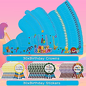 FLYTT 30 Pack Birthday Crowns Party Hats for Kids Classroom with 30 Pcs Badge Stickers for Preschool Kindergarten School Party Supplies