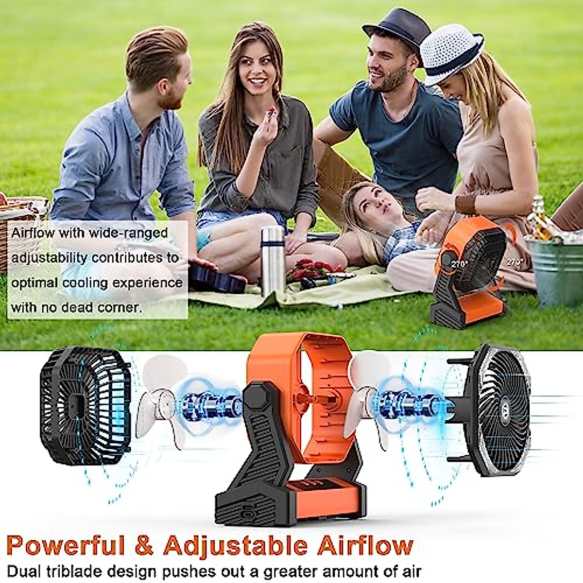 KITWLEMEN Camping Fan with LED Lantern, 20000mAh Rechargeable Battery Operated Outdoor Tent Fan with Light & Hanging Hook, 4 Speeds, Personal USB Desk Fan for Camping, Power Outage, Hurricane, Jobsite
