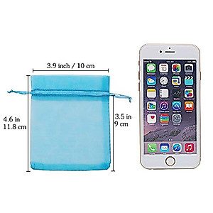 HRX Package 100pcs Organza Jewelry Drawstring Pouches Turquoise Blue, 3.9 x 4.6 inch Little Mesh Candy Bags Mini Sachet for Small Christmas Gifts Jewelry