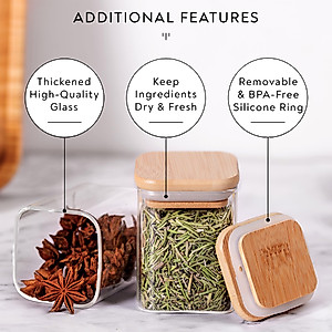 Laramaid 7oz 12Packs Glass Jars Set with 208 Minimalist Spice Labels, Square Spice Jars with Bamboo Lids and White Vinyl Customized Sticker Labels, Food Storage Container Canisters