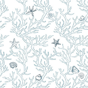 Akywall Ocean Wallpaper Peel and Stick White and Blue Contact Paper Textured Sea Coral Starfish Shells Self Adhesive Vinyl Roll Stick on Wallcovering Cute for Home Decor 78.7in
