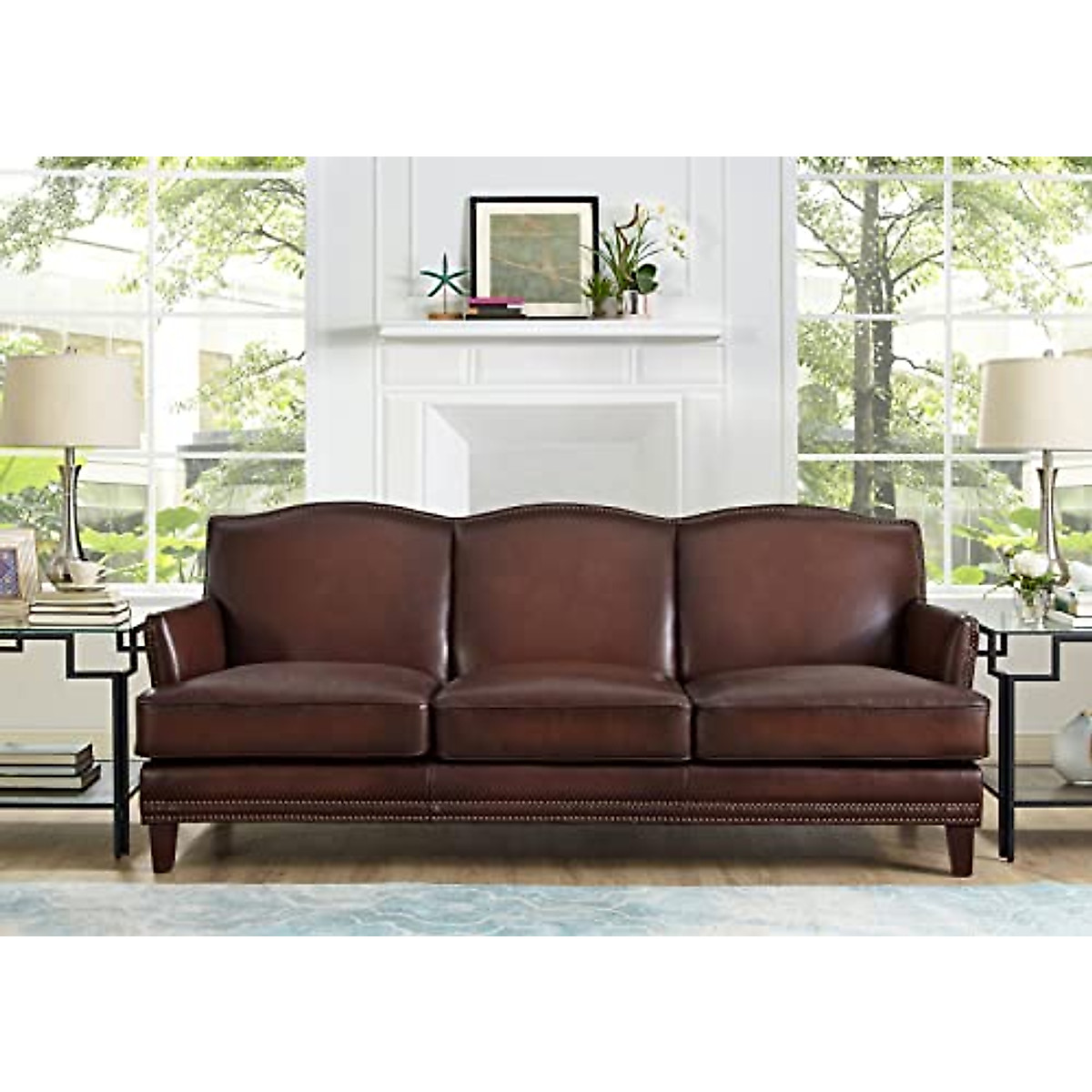 Hydeline Oxford Top Grain Leather Sofa Couch, 86", Caramel Brown