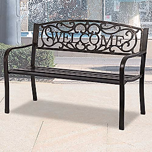 Dkeli Garden Patio Bench Outdoor Metal Park Bench Furniture Sturdy Cast Iron 50" Porch Chair Seat with Armrests 480BLS Bearing Capacity for Park Yard Deck Entryway