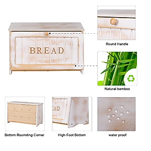 HOMEKOKO Vintage Large Wood Bread Box for Kitchen Counter, Retro Design Single Layer Bamboo Large Capacity Food Storage Bin (White)