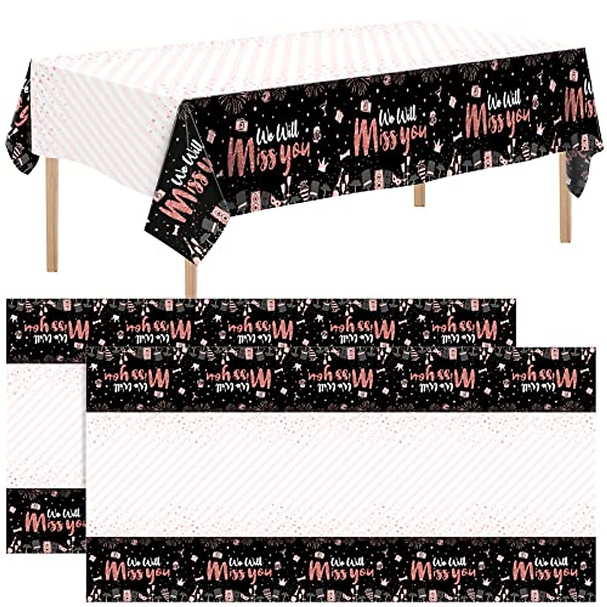 durony 2 Pieces We Will Miss You Plastic Tablecloth 54 x 108 Inch Retirement Themed Table Cover Rectangular Going Away Party Decorations Retirement Party Table Cloth, Rose Gold