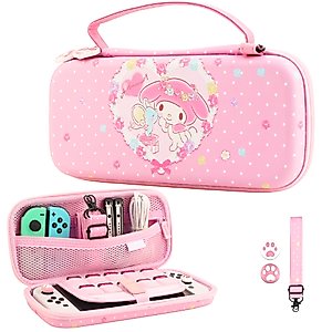 FUNDIARY Cute Bunny Carrying Case for Nintendo Switch and Switch OLED, Pink Portable Travel Case Built-in 10 Game Card Slots for Switch Console Joycon & Accessories with Shoulder Strap and 2 Thumb Cap