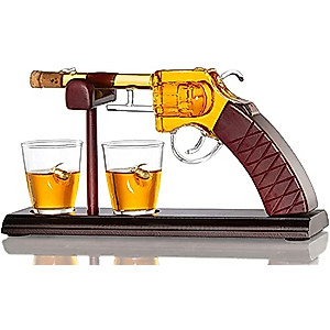 Gun Whiskey Decanter By The Diamond Glassware | Comes With A Set Of 2 Bullet Glasses & Mahogany Wooden Base | Decanter Set, Perfect For Whiskey, Bourbon, Scotch, Liquor| Great Gift For Him | 100ml