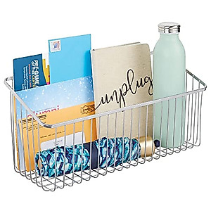 mDesign Portable Metal Farmhouse Wall Decor Angled Storage Organizer Basket Bin for Hanging in Entryway, Mudroom, Bedroom, Bathroom, Laundry Room - Wall Mount Hooks Included, Large - Chrome