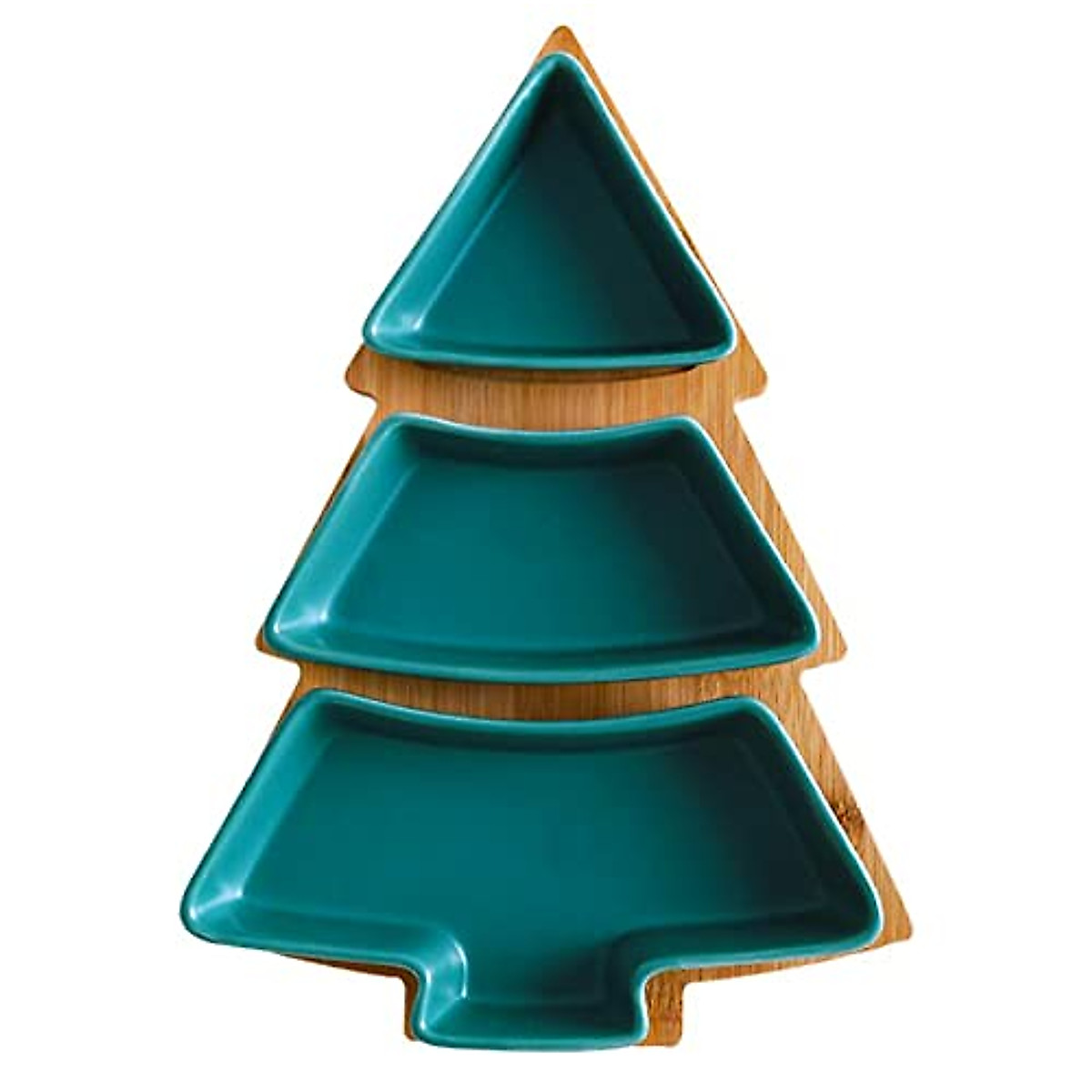 Green Christmas Tree Plates Chip & Dip Set, 11 Inches Christmas Ceramic Snack Plate with Bamboo Tray, Removable Porcelain Tree Appetizer Dessert Fruit Salad Saucers Bowl Cutlery Platter Serving Dish